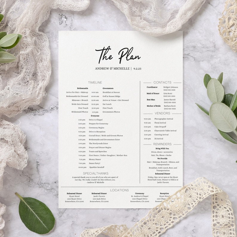 Wedding Party Timeline Printable Template Wedding Day Schedule - Etsy