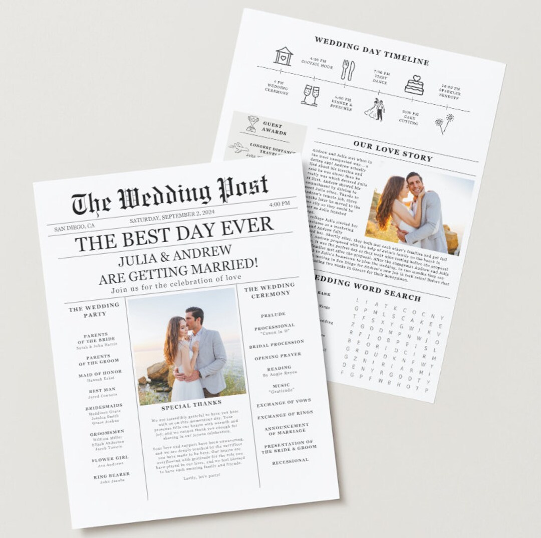 Newspaper Wedding Program Template, Editable Wedding Newspaper Program ...