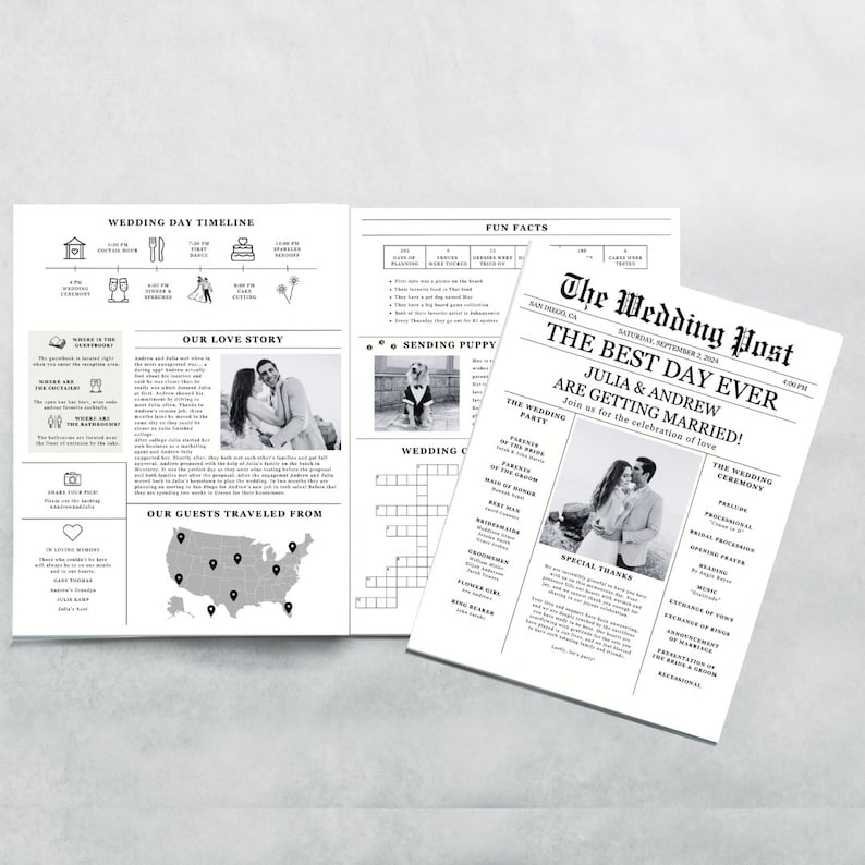 Newspaper Wedding Template Bundle , Editable Wedding Newspaper Program ...
