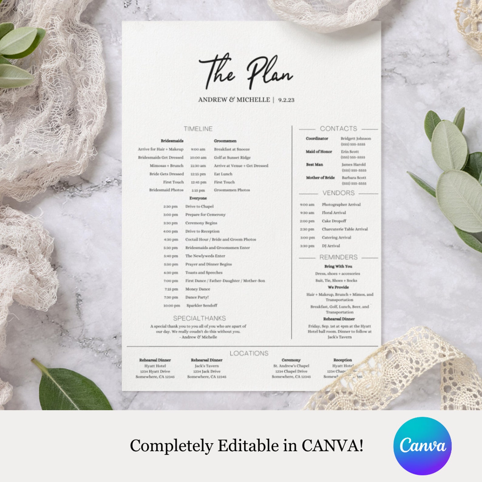 Wedding Party Timeline Printable Template Wedding Day Schedule ...