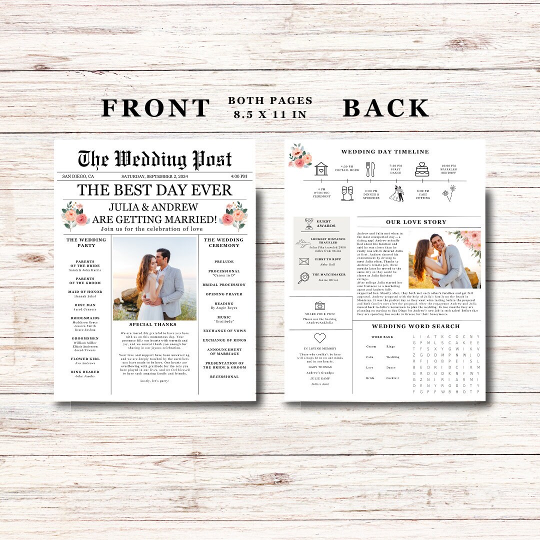 Newspaper Wedding Program Template Editable Wedding Newspaper - Etsy