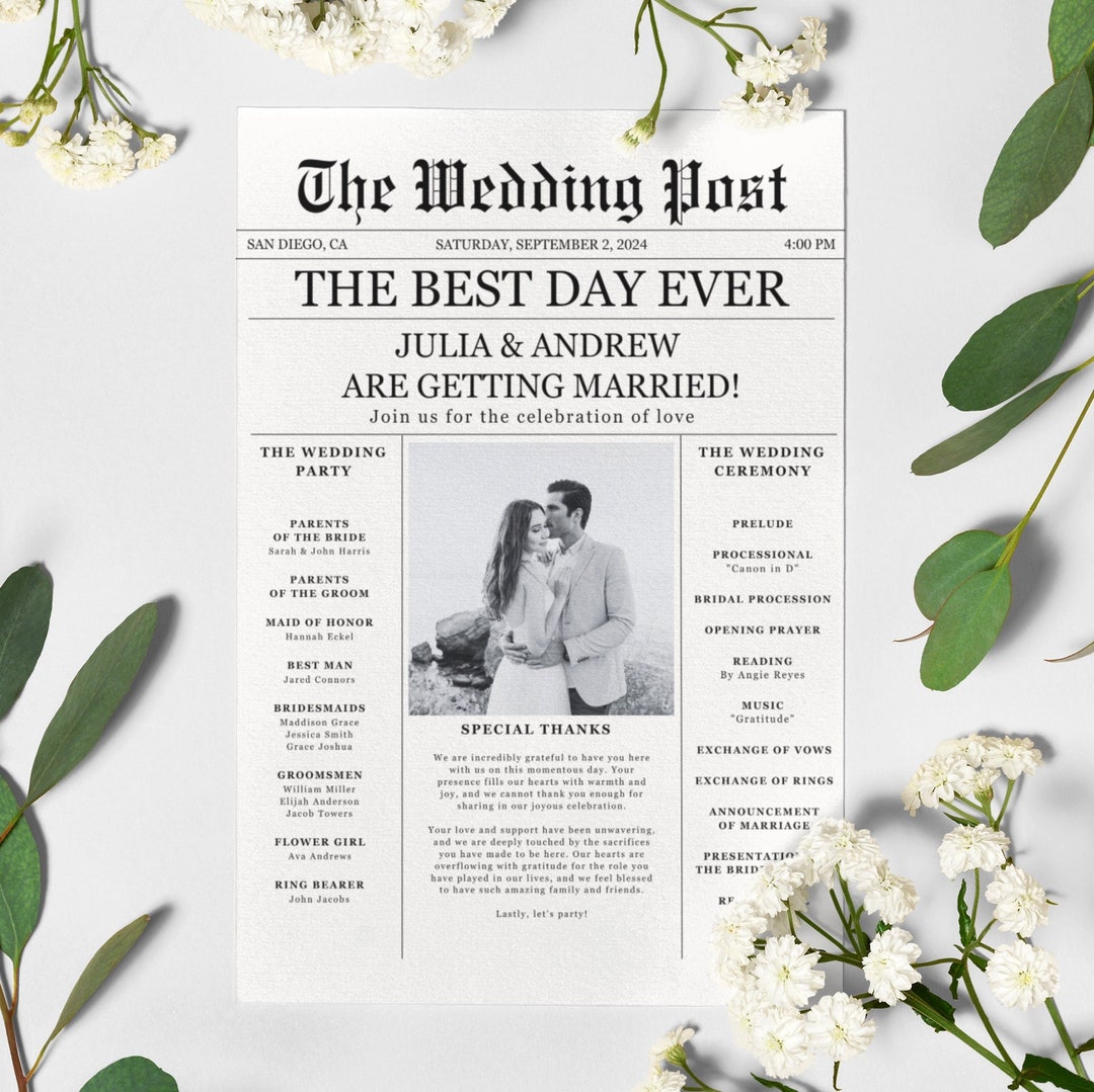 Newspaper Wedding Program Template, Editable Wedding Newspaper Program ...