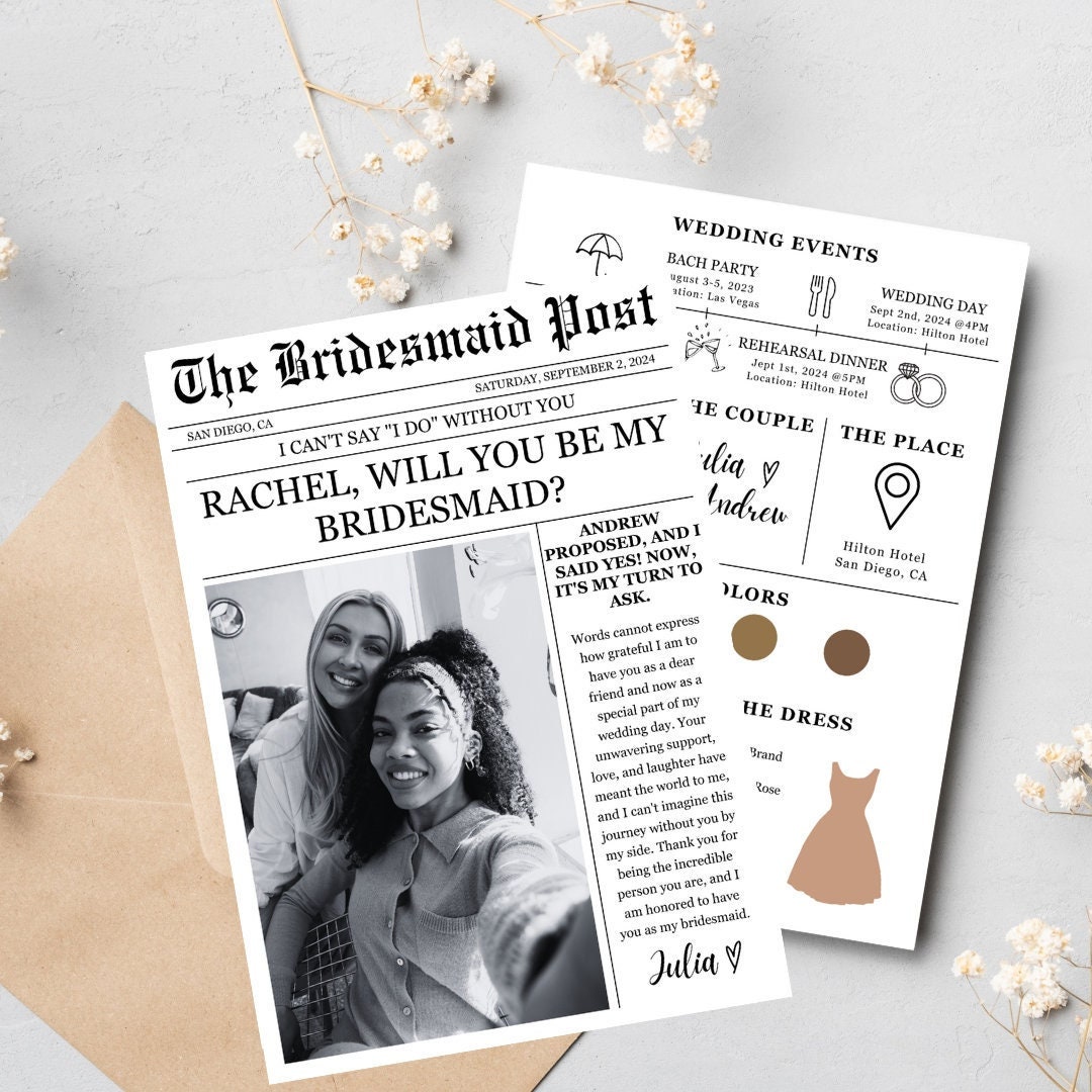 Wedding Newspaper Bridesmaid Proposal Card, Will You Be My Bridesmaid ...