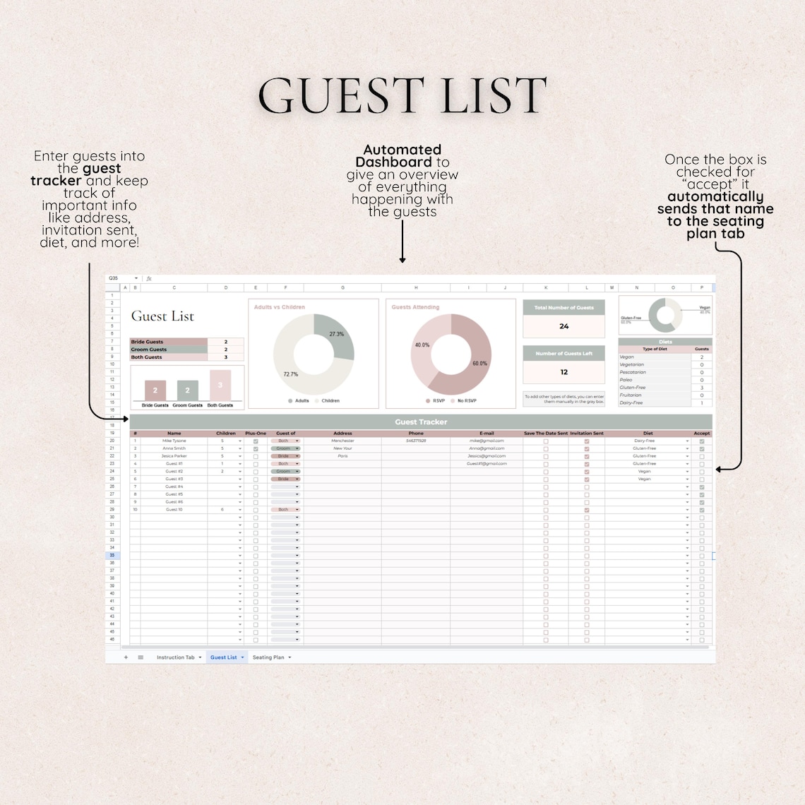 Guest List and Seating Plan Tracker, Wedding Seating Chart Wedding ...