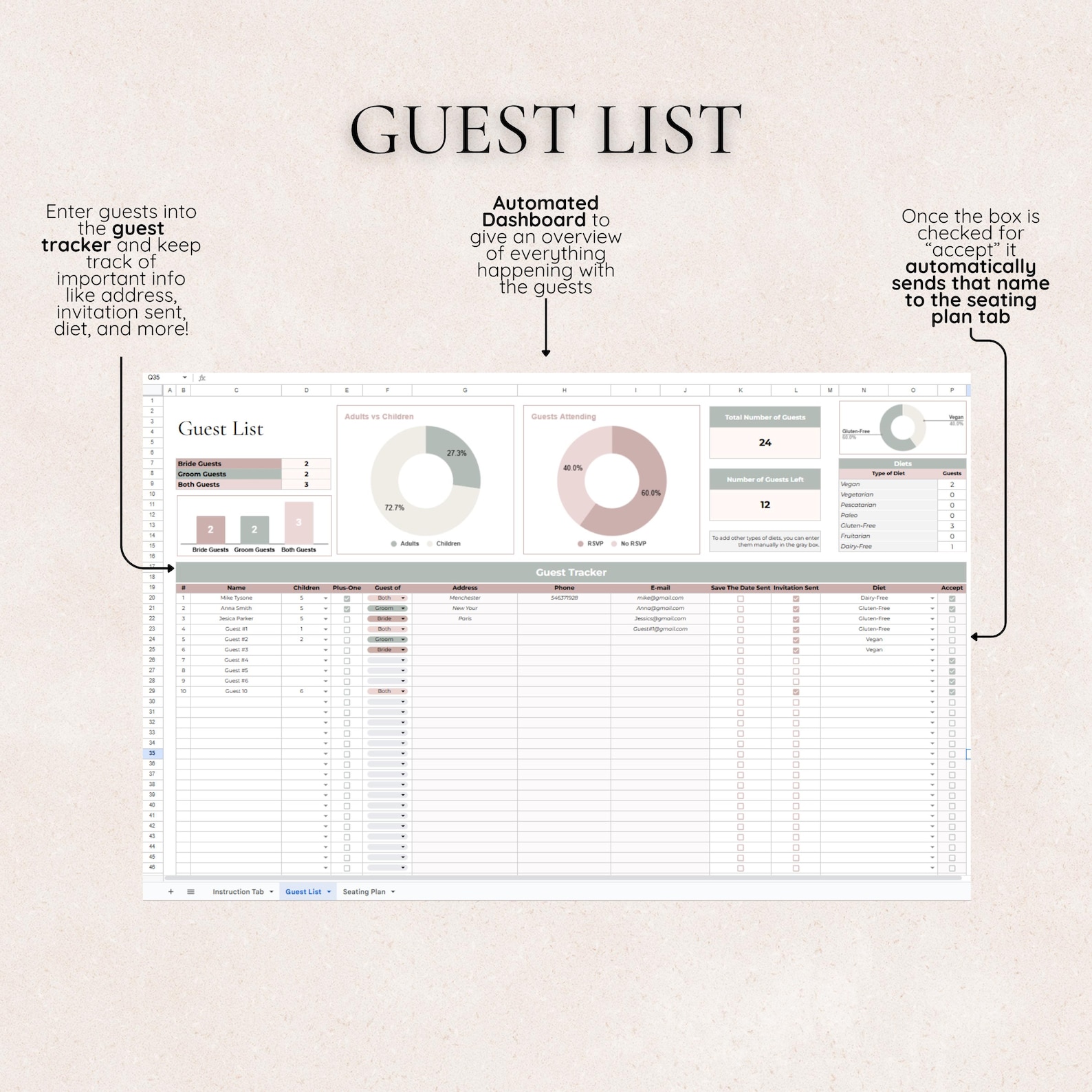 Guest List and Seating Plan Tracker, Wedding Seating Chart Wedding ...