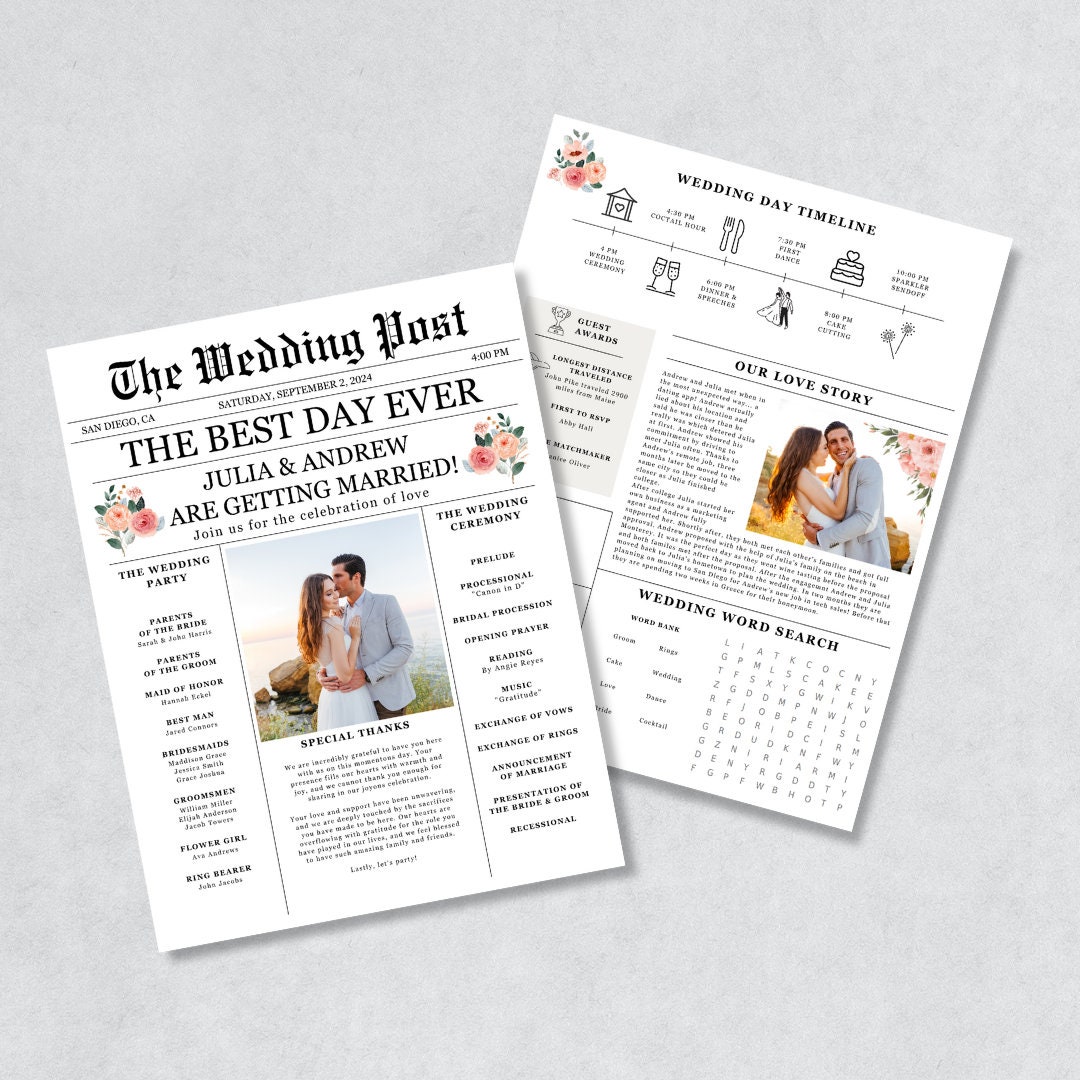 Newspaper Wedding Program Template, Editable Wedding Newspaper Program ...