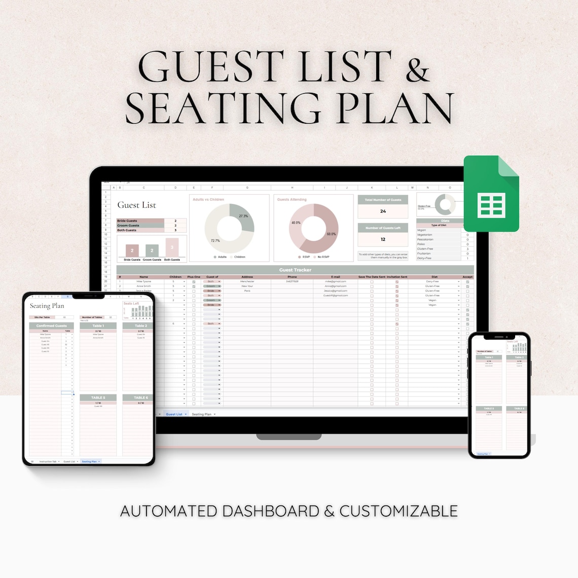 Guest List and Seating Plan Tracker, Wedding Seating Chart Wedding ...