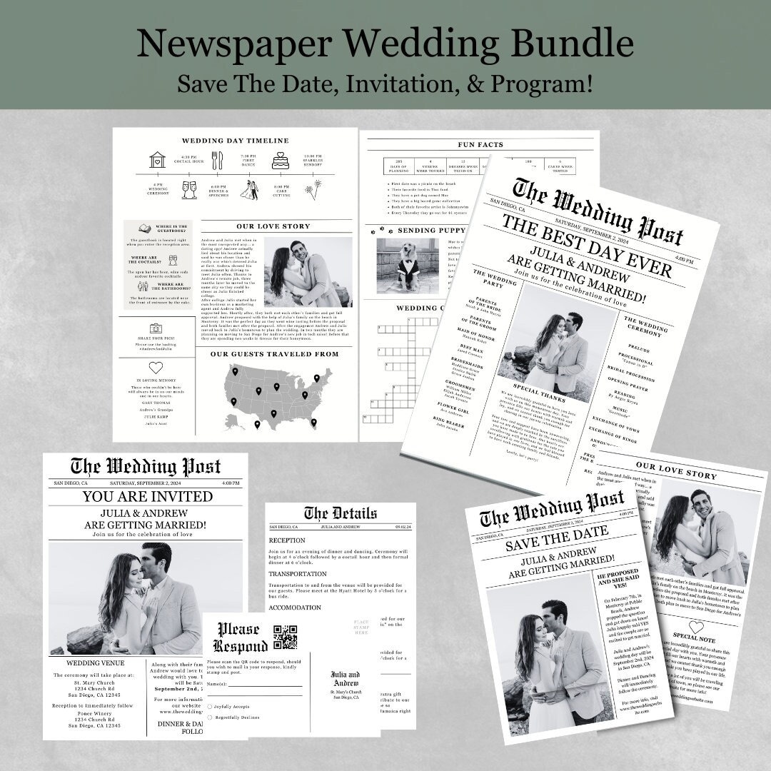 Newspaper Wedding Template Bundle Editable Wedding Newspaper - Etsy