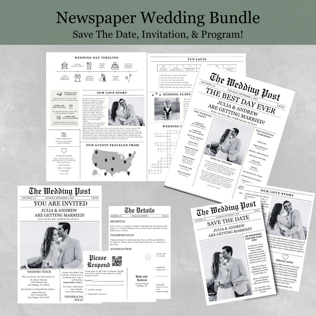 Newspaper Wedding Template Bundle Editable Wedding Newspaper - Etsy