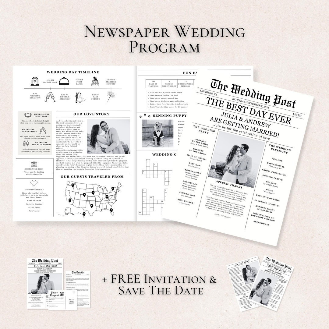 Newspaper Wedding Program Template, Editable Wedding Newspaper Program ...