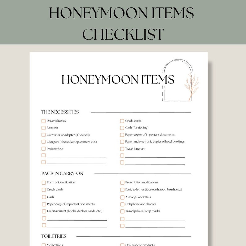 Honeymoon Items Checklist Digital Template, Wedding Binder, Wedding ...