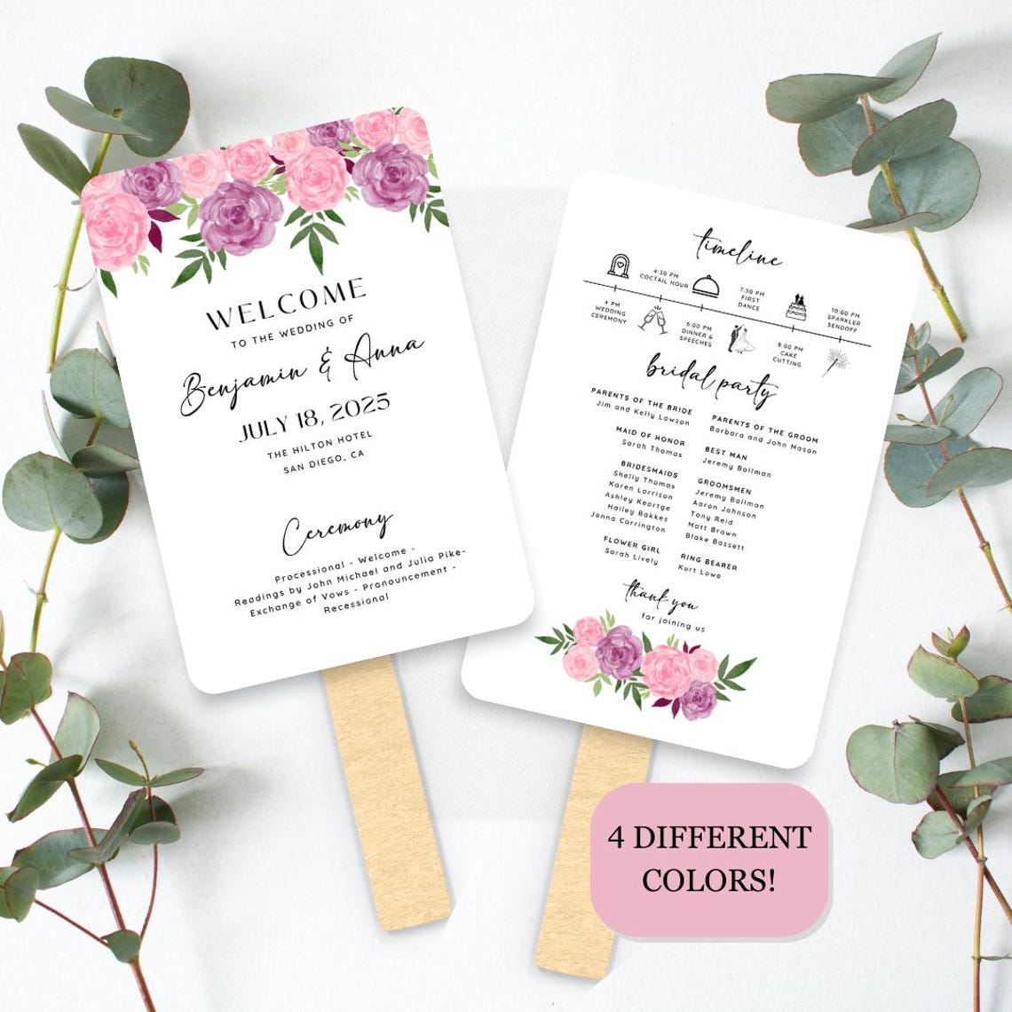 Floral Wedding Program Fan Template Wedding Fans With Wedding Timeline ...