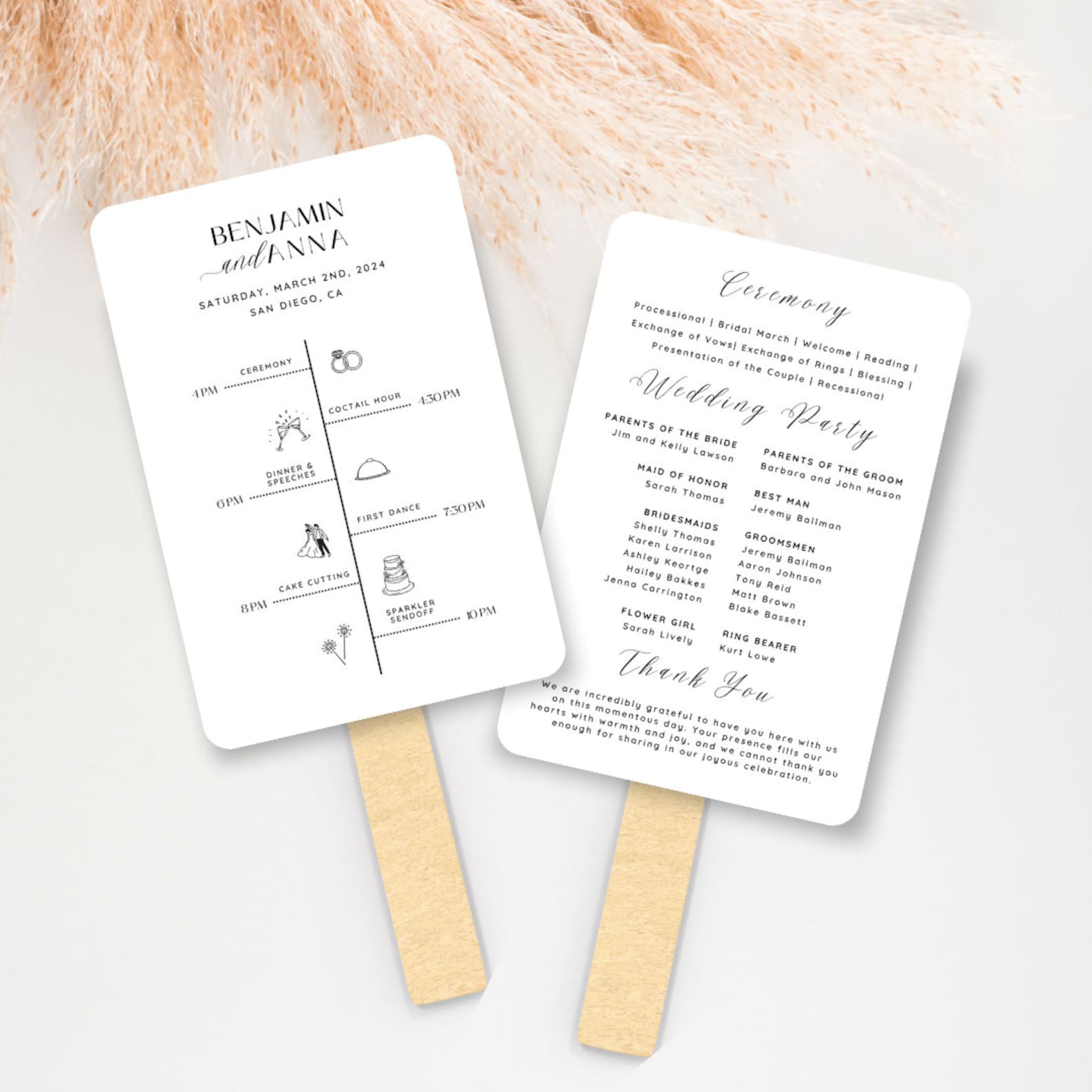 Minimalist Wedding Program Fan Template, Editable Wedding Program Double Sided Fan, Modern ...
