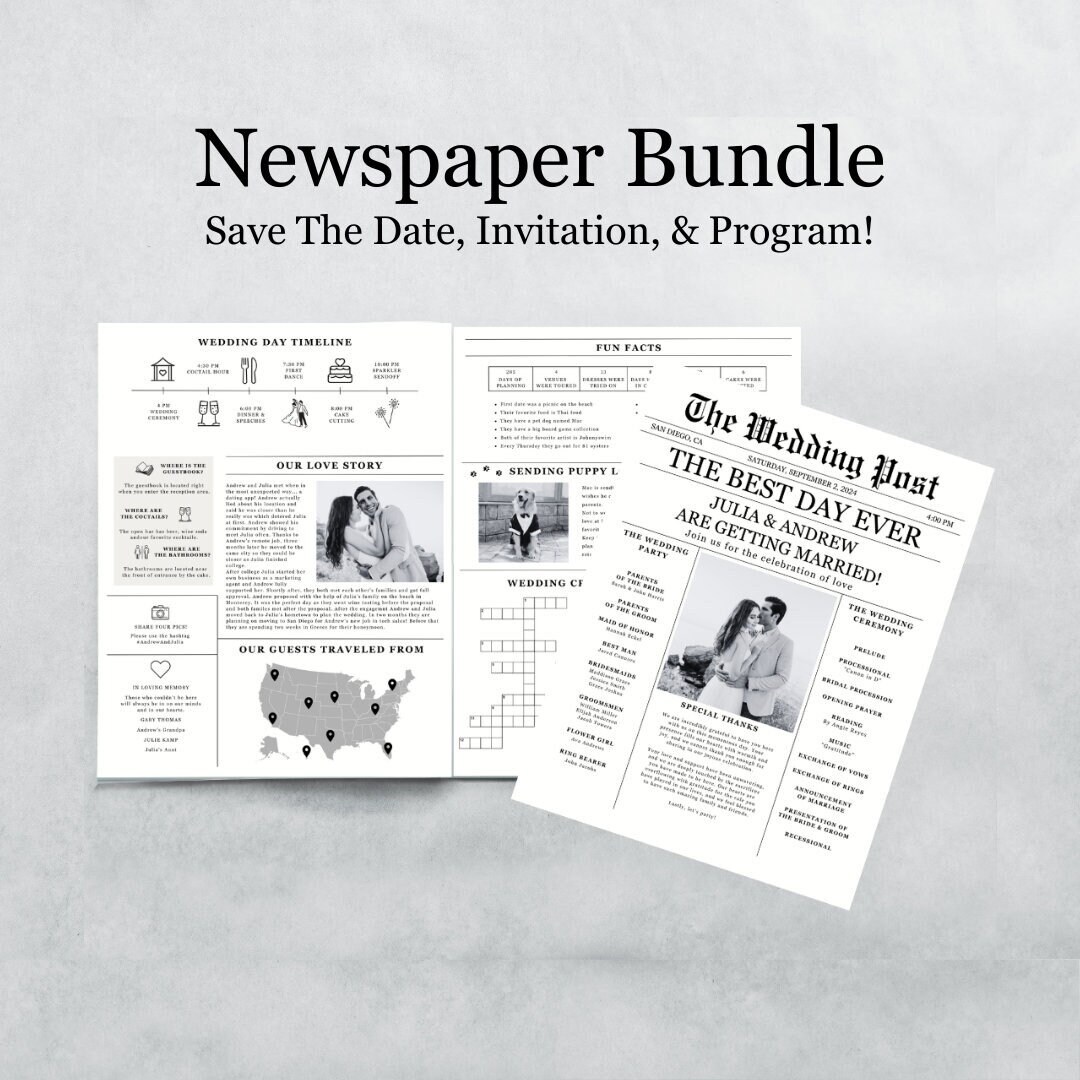 Newspaper Wedding Template Bundle, Editable Wedding Newspaper Program ...