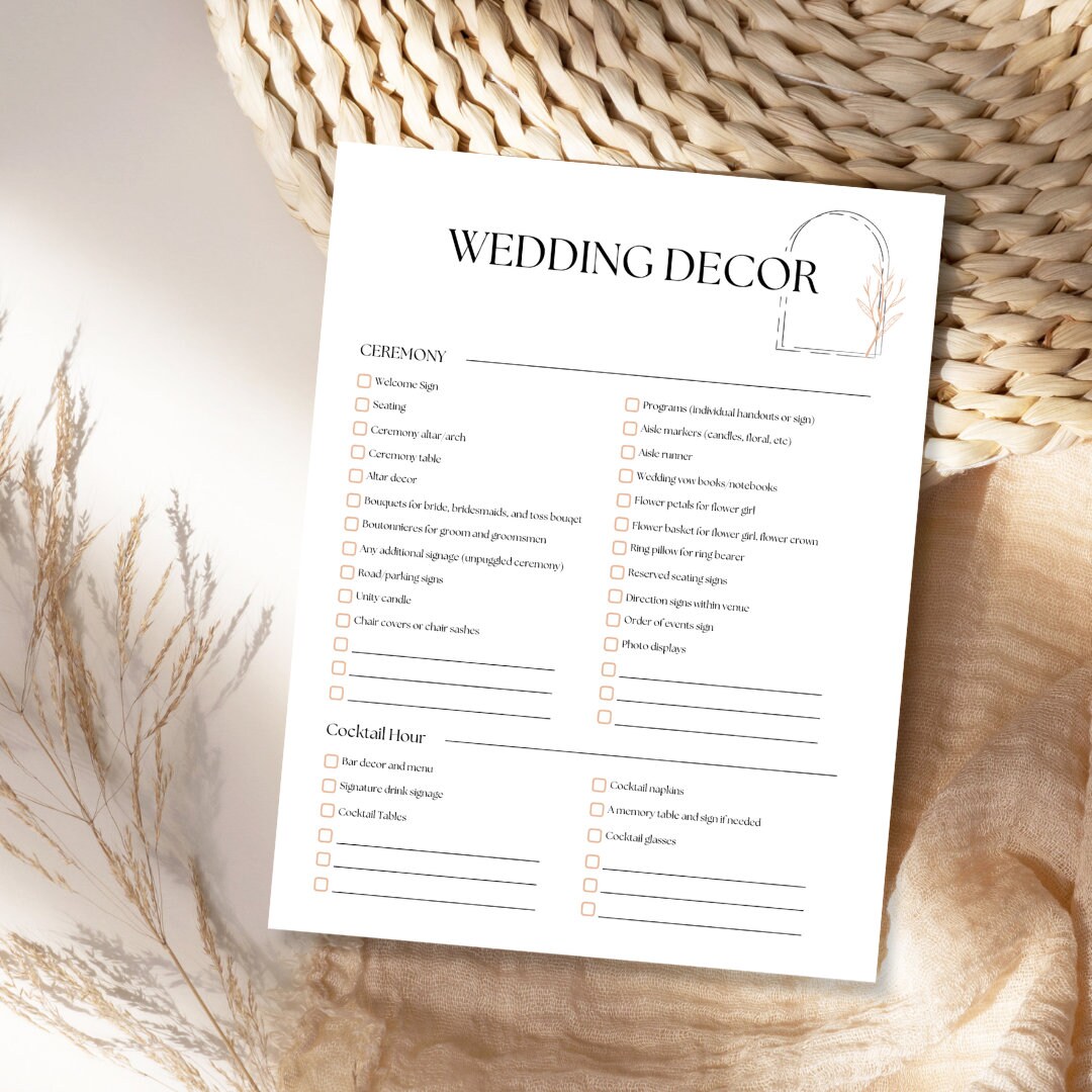 Wedding Decor Checklist, Printable Wedding Checklist Template, Wedding ...