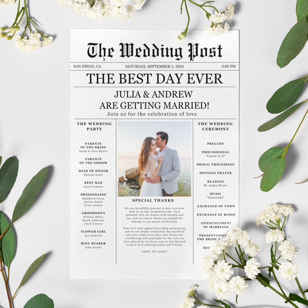 Newspaper Wedding Program Template, Editable Wedding Newspaper Program ...