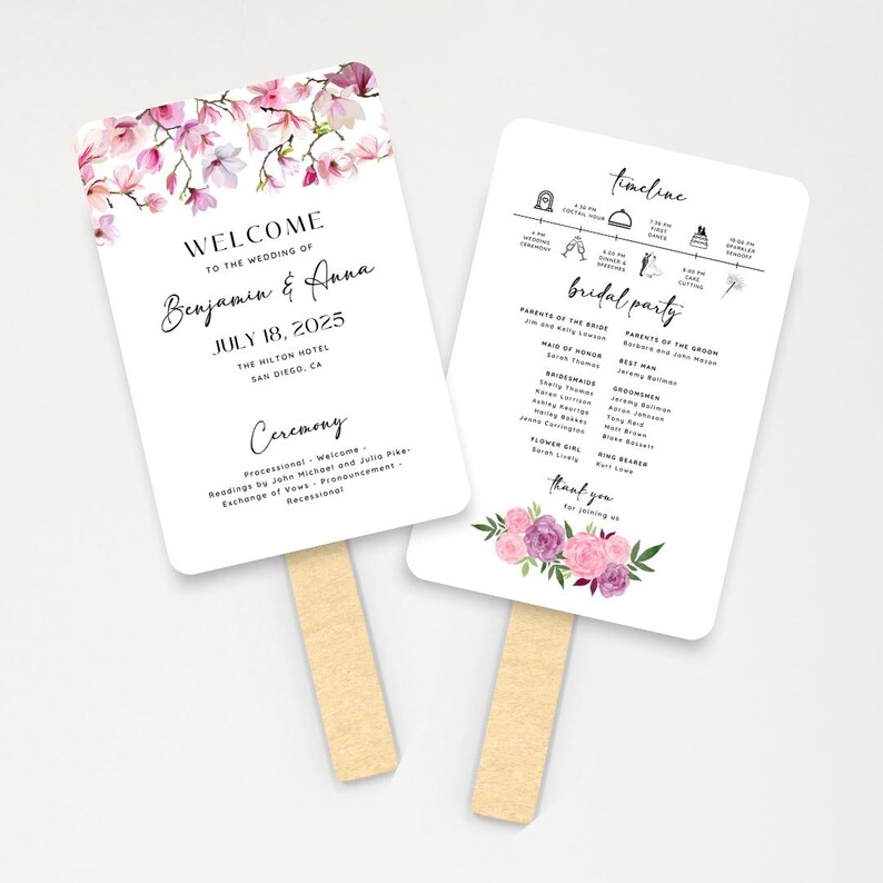 Wedding Program Fan Template With Wedding Timeline Floral Wedding ...