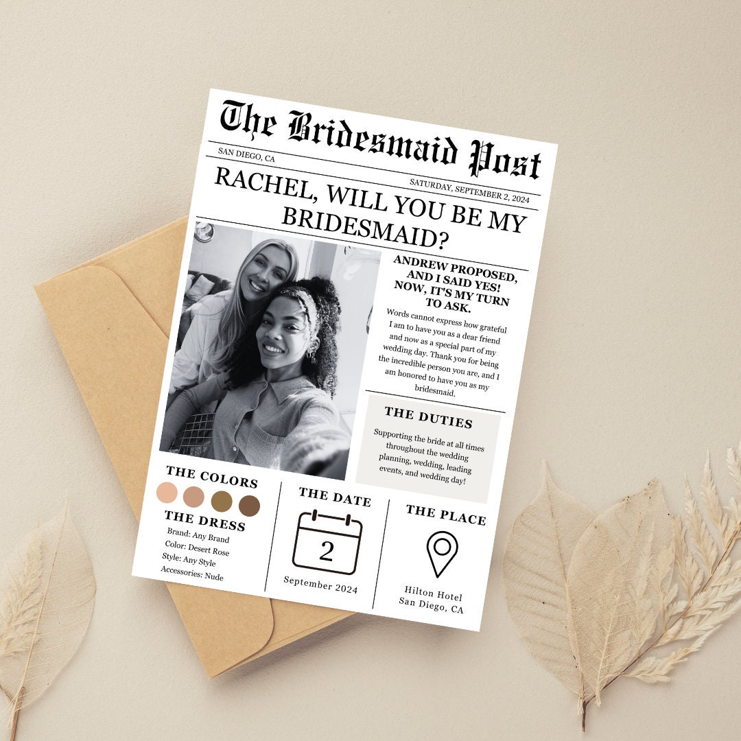 Wedding Newspaper Bridesmaid Proposal Card, Will You Be My Bridesmaid ...