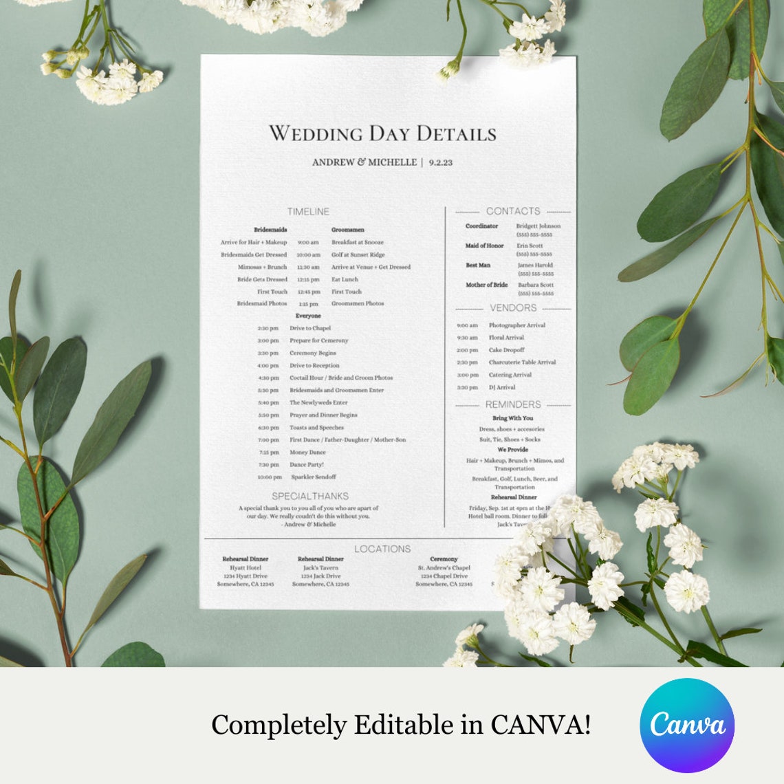Day of Wedding Timeline Schedule Editable Wedding Day Template Wedding ...