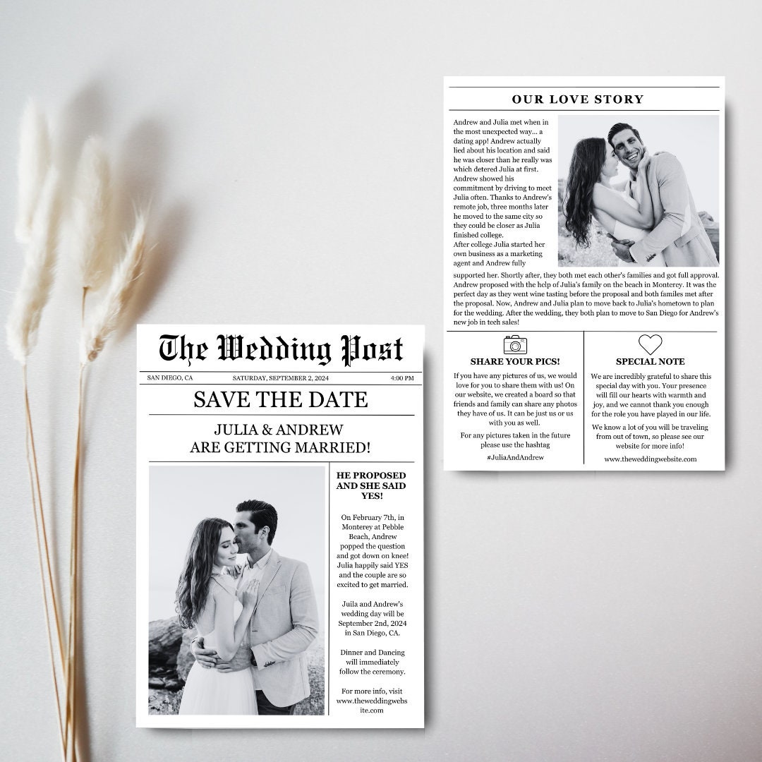 Wedding Newspaper Save the Date Template, Editable Newspaper Template ...