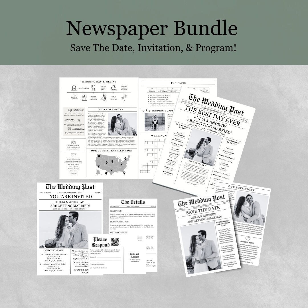 Newspaper Wedding Template Bundle , Editable Wedding Newspaper Program ...