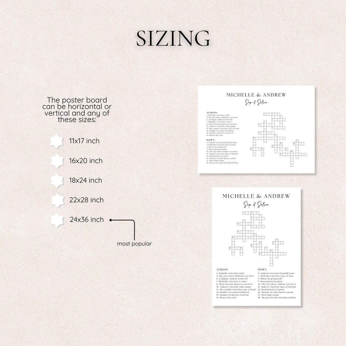 Custom Wedding Crossword Puzzle Poster Board, Printed Sip and Solve ...