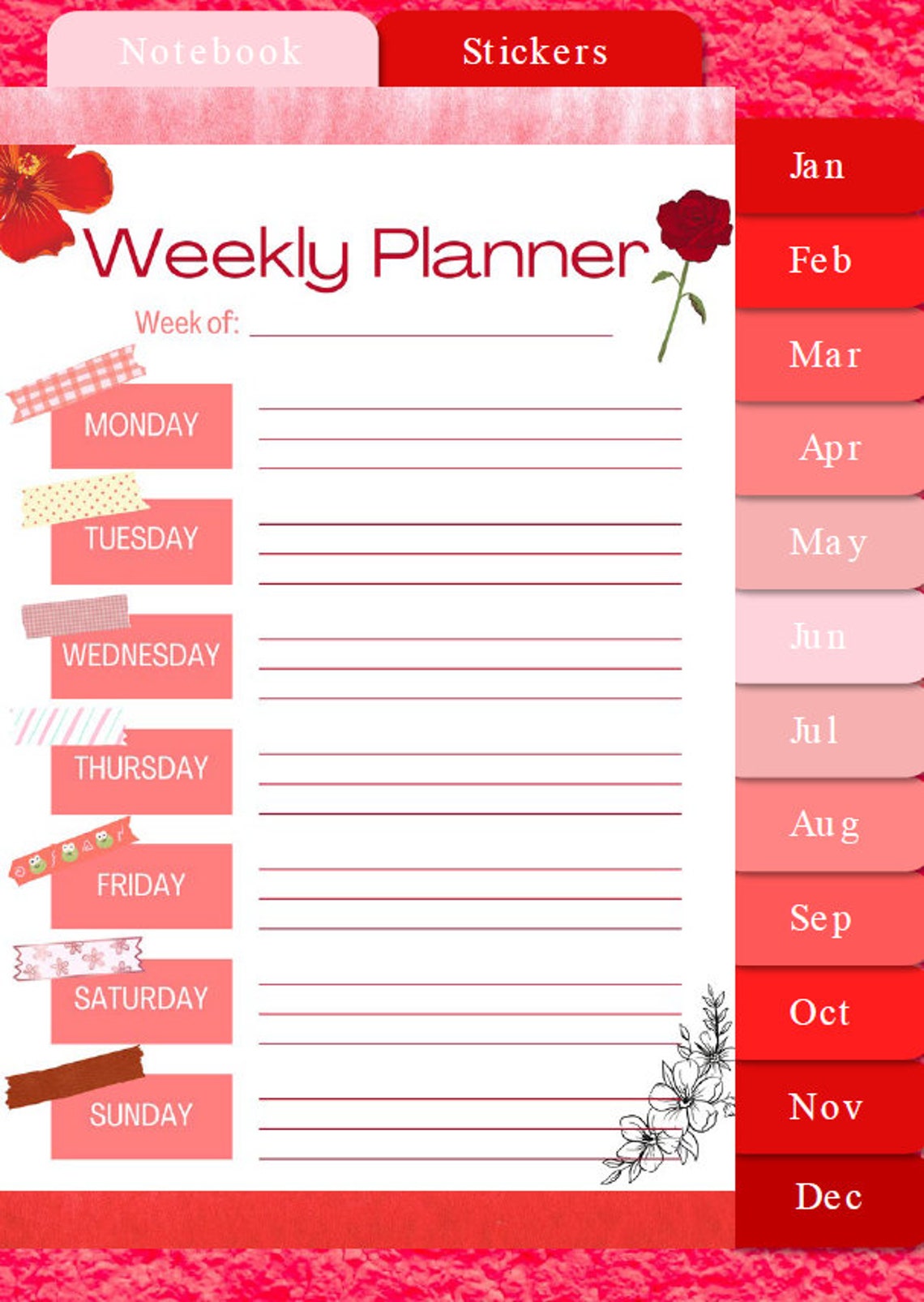 Red Digital Daily Planner Weekly Planner With Digital Stickers - Etsy