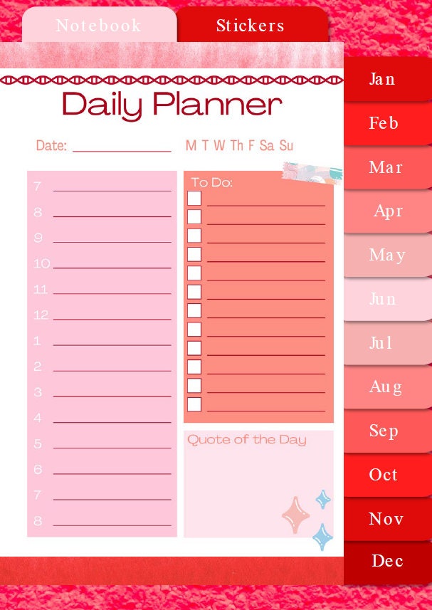Red Digital Daily Planner Weekly Planner With Digital Stickers - Etsy