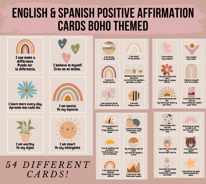 English & Spanish Boho Positive Affirmation Cards (54 Cards) - Etsy
