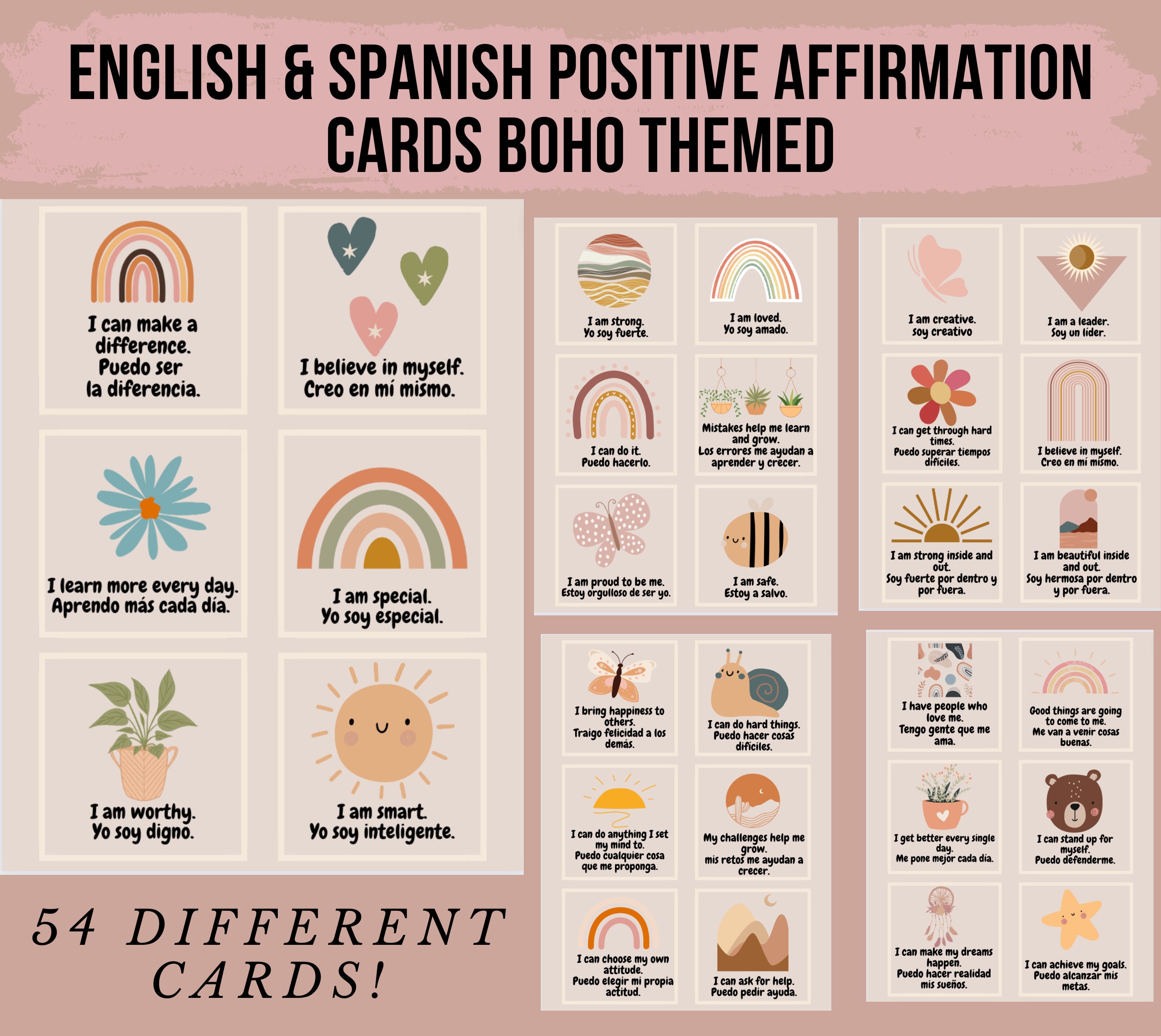 English & Spanish Boho Positive Affirmation Cards (54 Cards) - Etsy