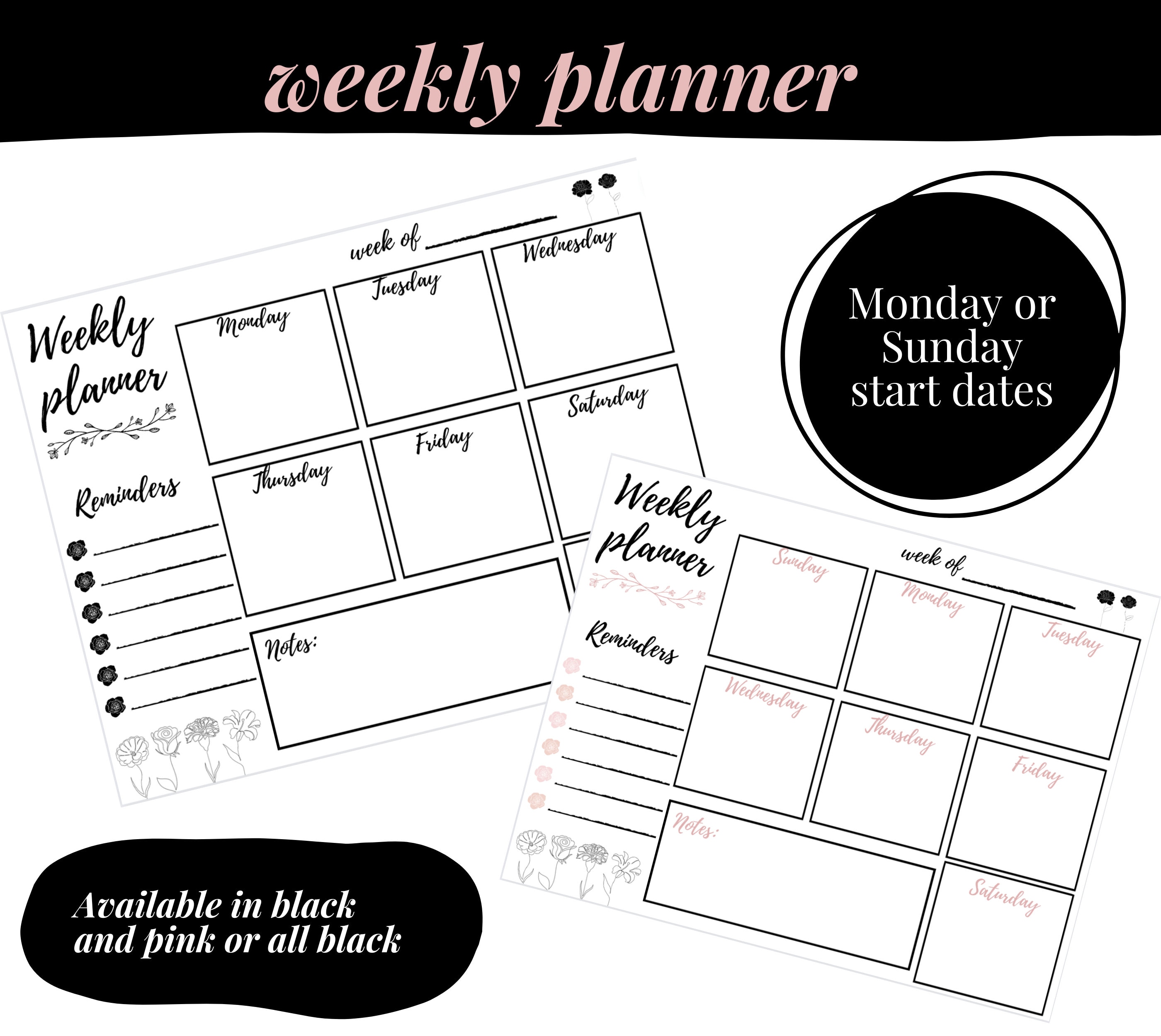 Weekly Planner, Printable, Black Floral - Etsy