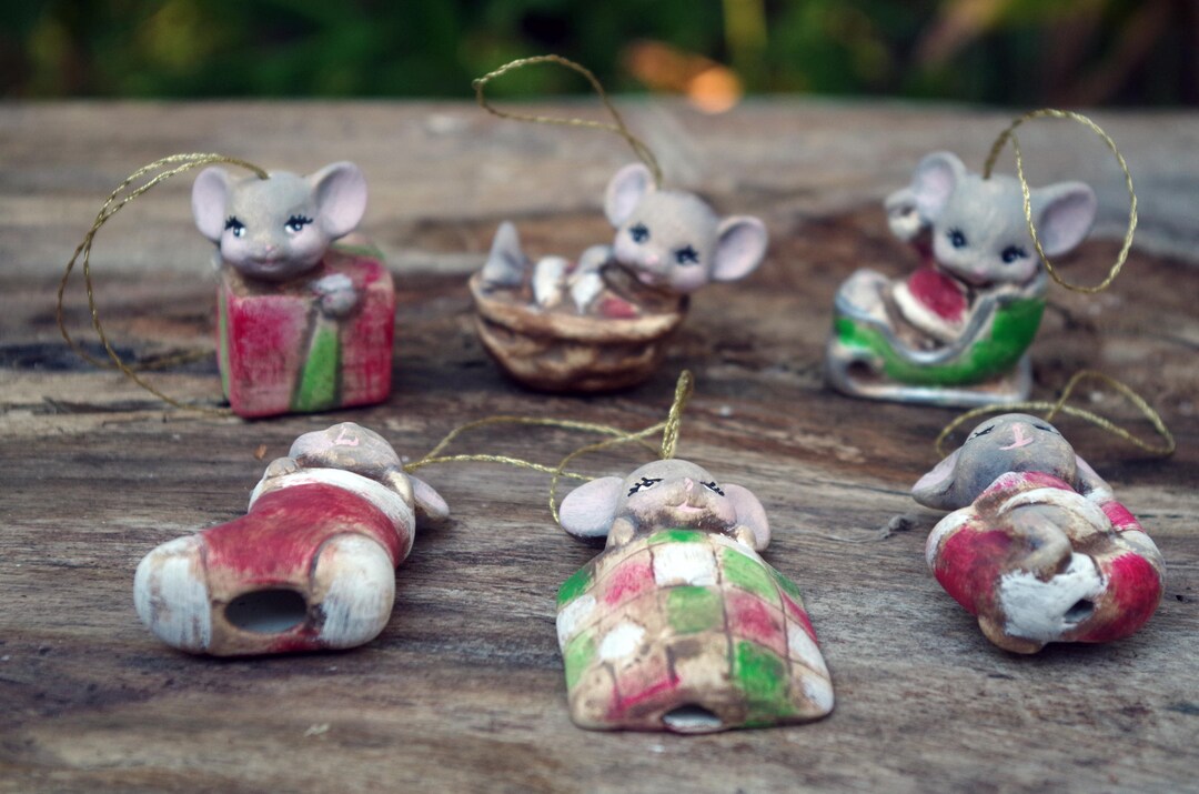 Set of 6 Ceramic Christmas Mice Figurine Ornaments - Etsy