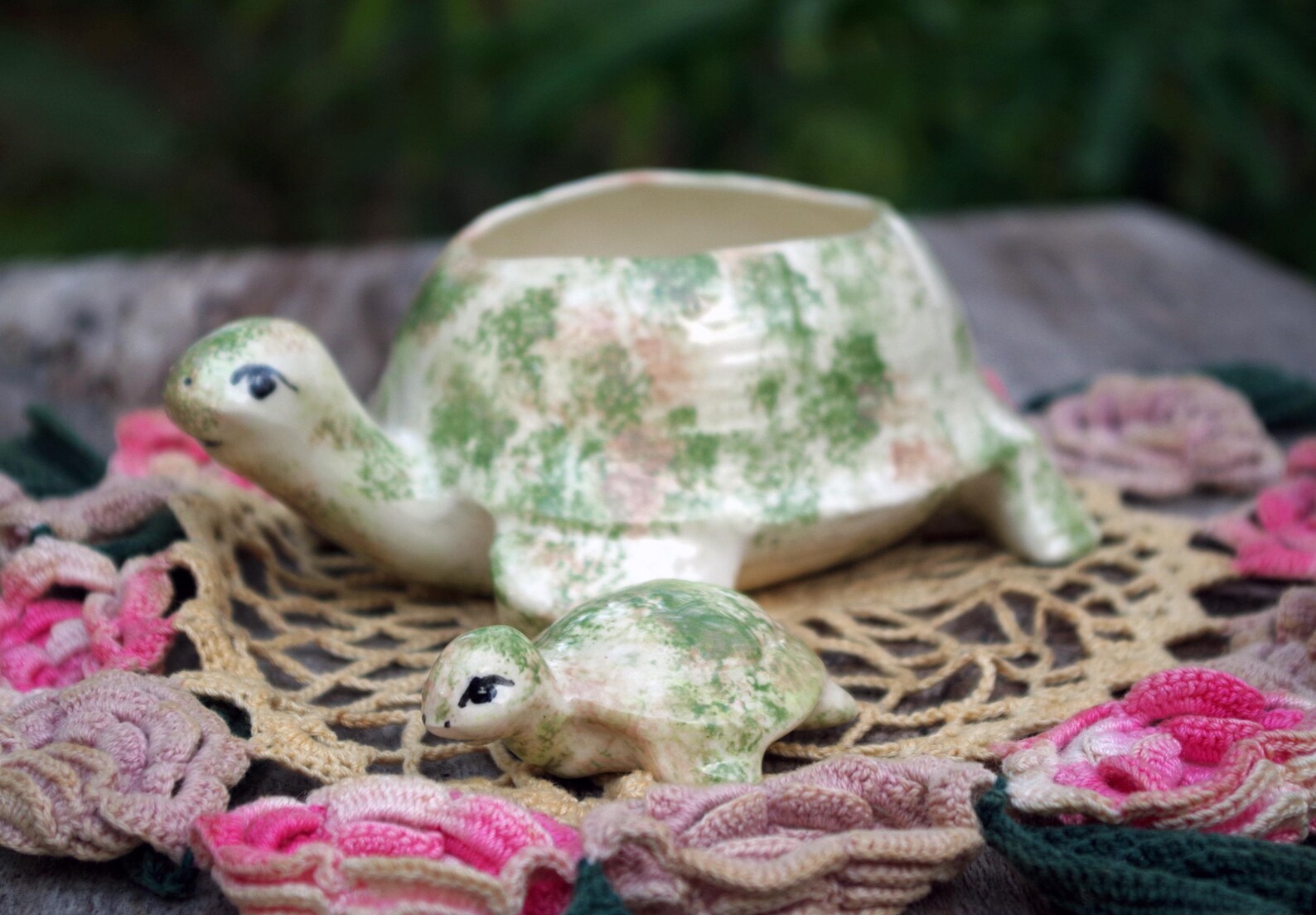Turtle/ Tortoise Planter With Baby Green Ceramic - Etsy