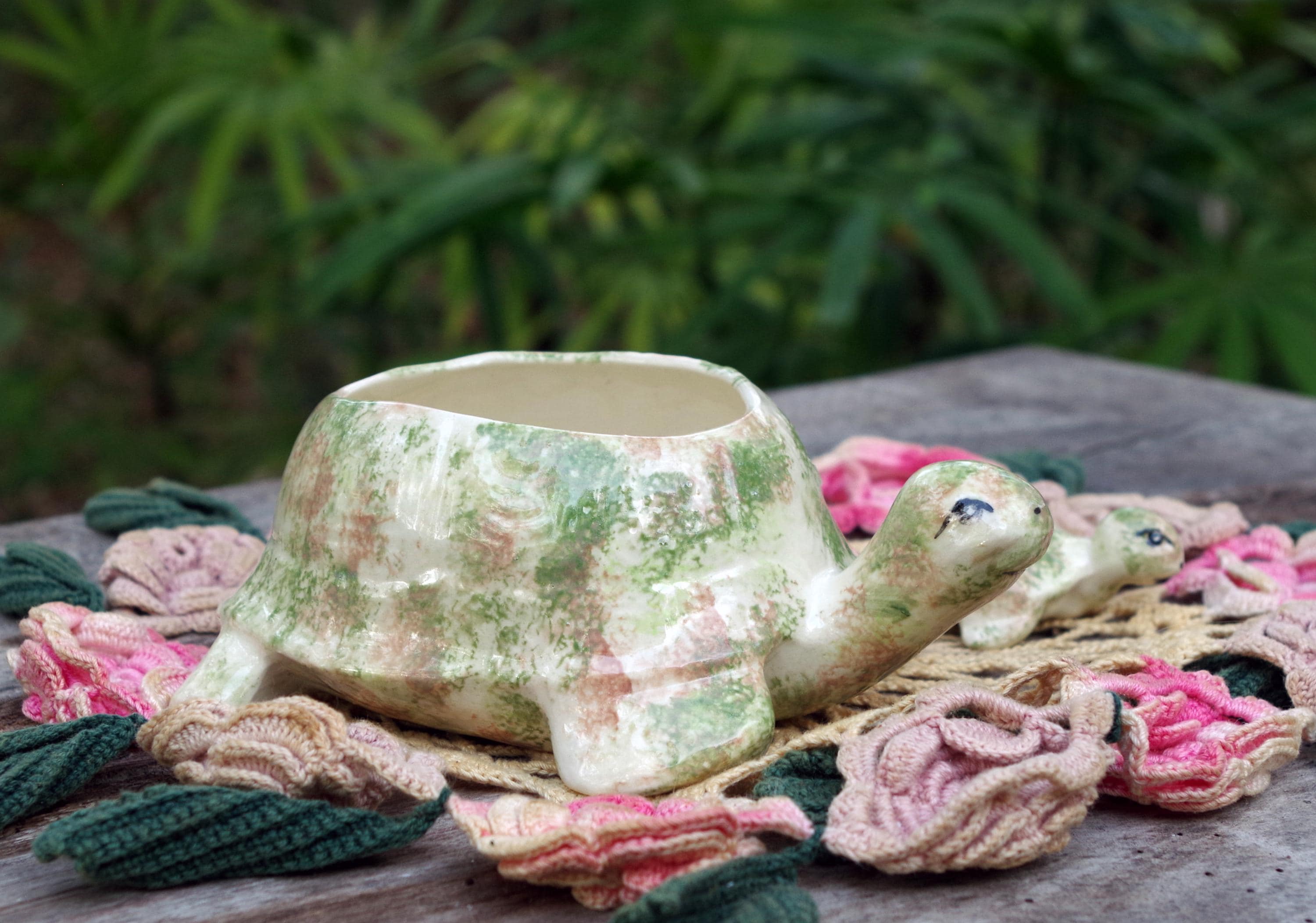 Turtle/ Tortoise Planter With Baby Green Ceramic - Etsy
