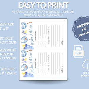 Baby Shower Games, Set of 15 Blue Printable Baby Shower Games and ...
