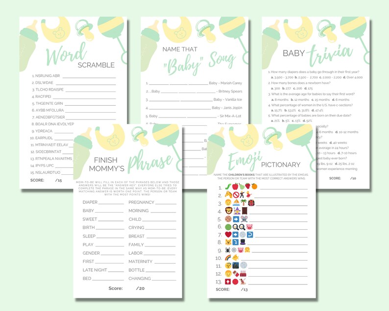 Baby Shower Games, Set of 15 Gender Neutral Printable Baby Shower Games ...