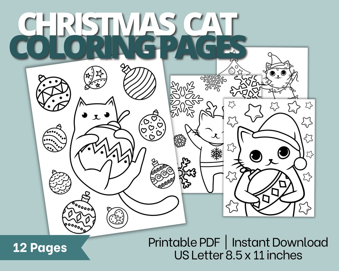 Christmas Cat Coloring Pages, Cat-themed Printable Coloring Book, Cute ...