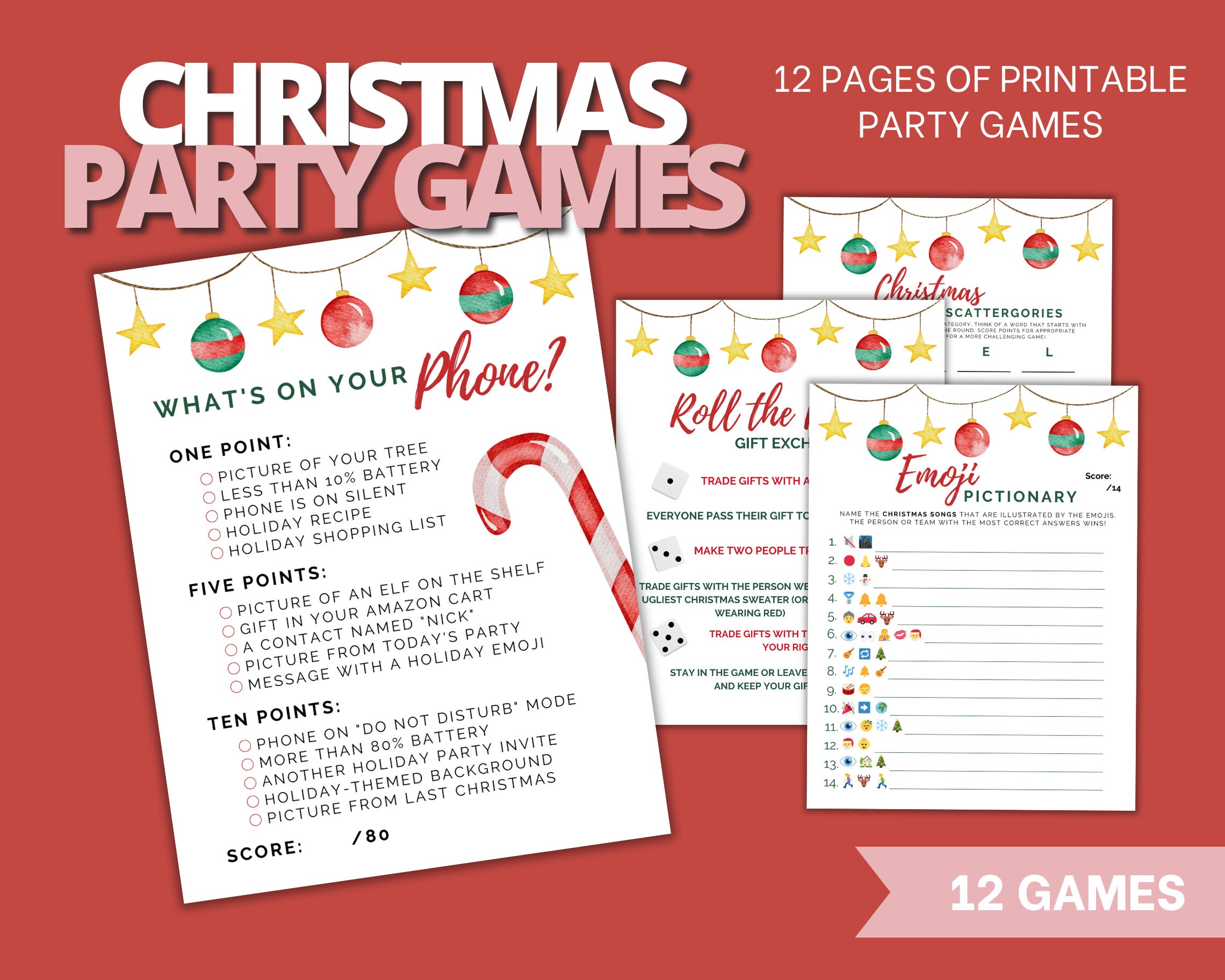 Christmas Party Games, Set of 12 Christmas-themed Printable Games for ...