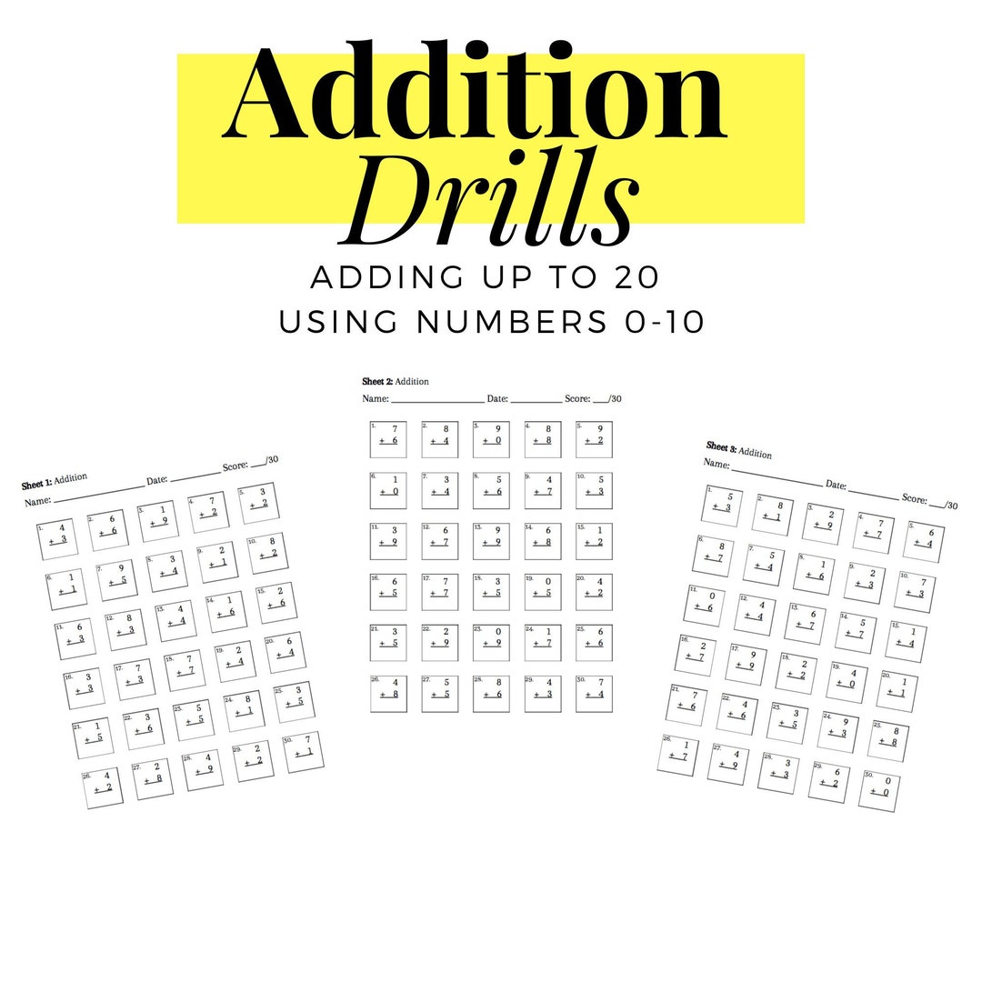 750 Practice Addition Drills With Answer Keys, Adding up to 20 Using ...