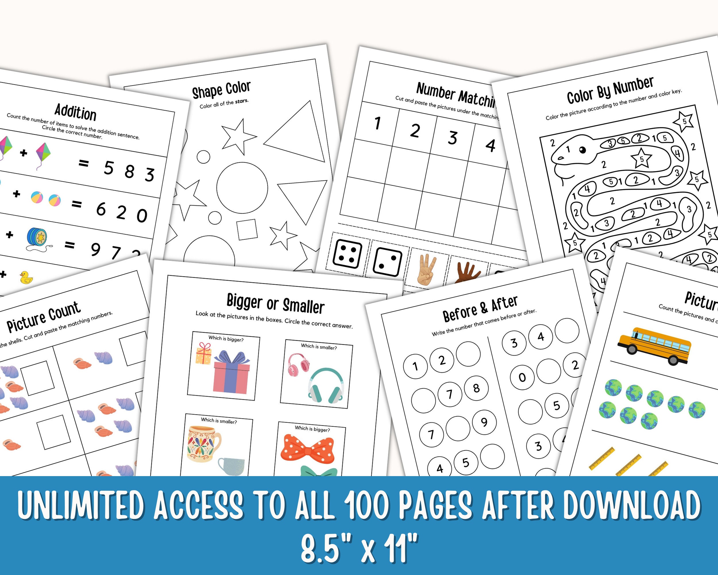 Kindergarten Math Worksheets 100 Printable Worksheets for Kids - Etsy
