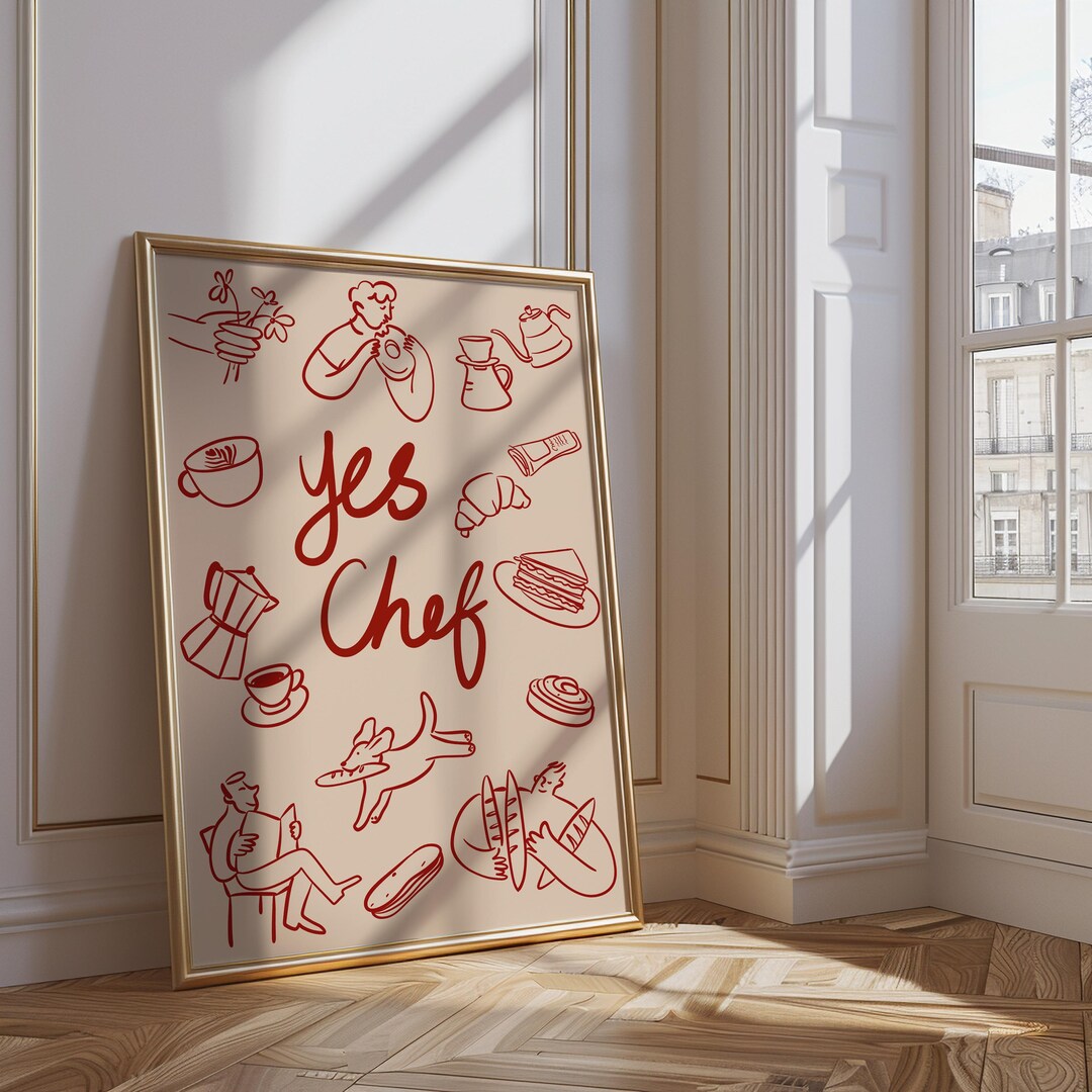 Minimalist Kitchen Decor • Red Chef Art Print Cute Cooking Poster Chef ...