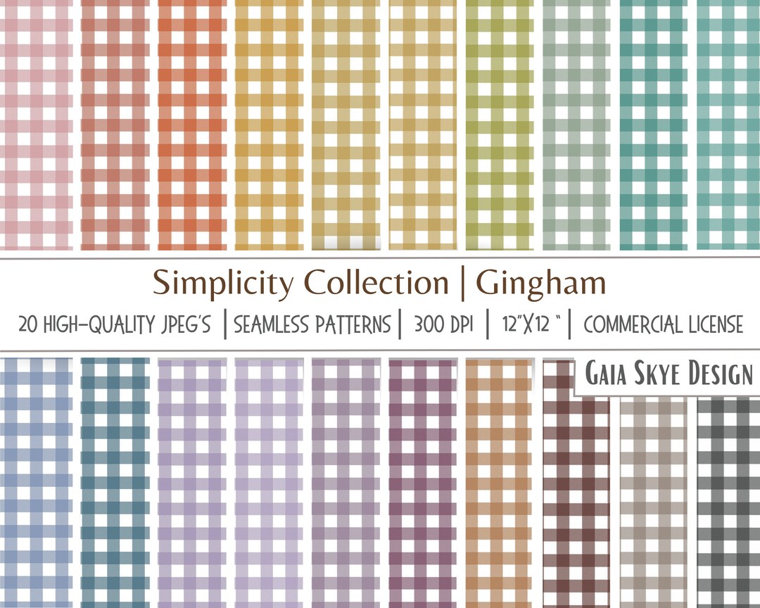 Gingham Digital Paper Set: 20 Seamless Patterns, Muted Colors (12"x12 ...