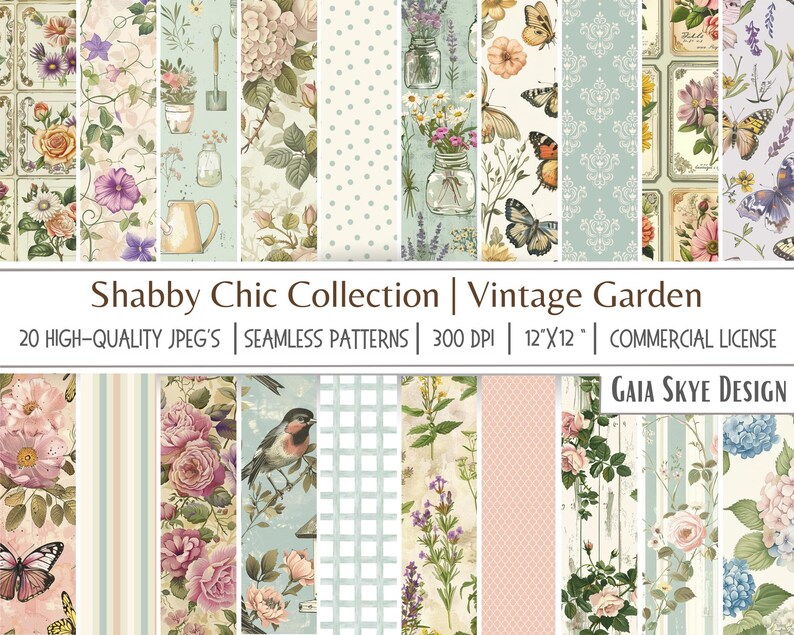 Vintage Garden Digital Paper Set: Shabby Chic Seamless Patterns ...