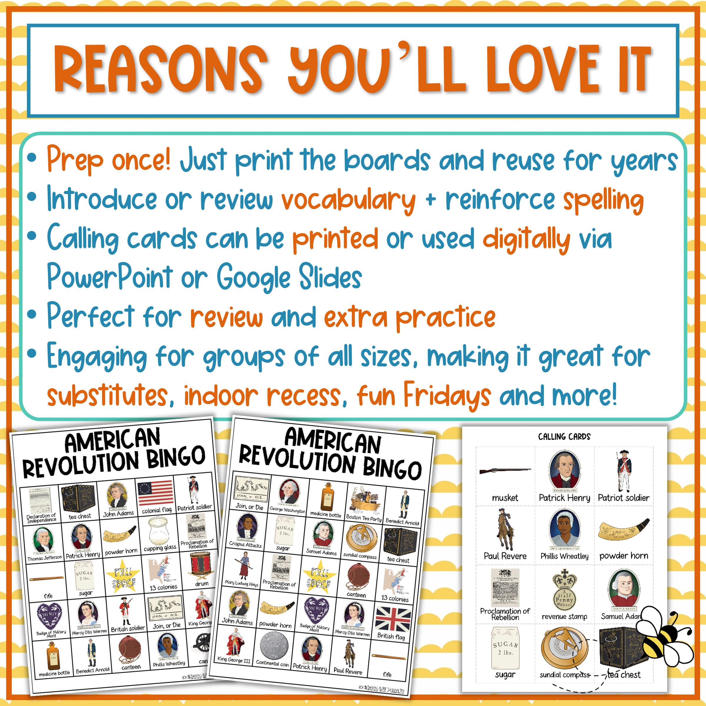 American Revolution Review Bingo Game U.S. History Revolutionary War ...