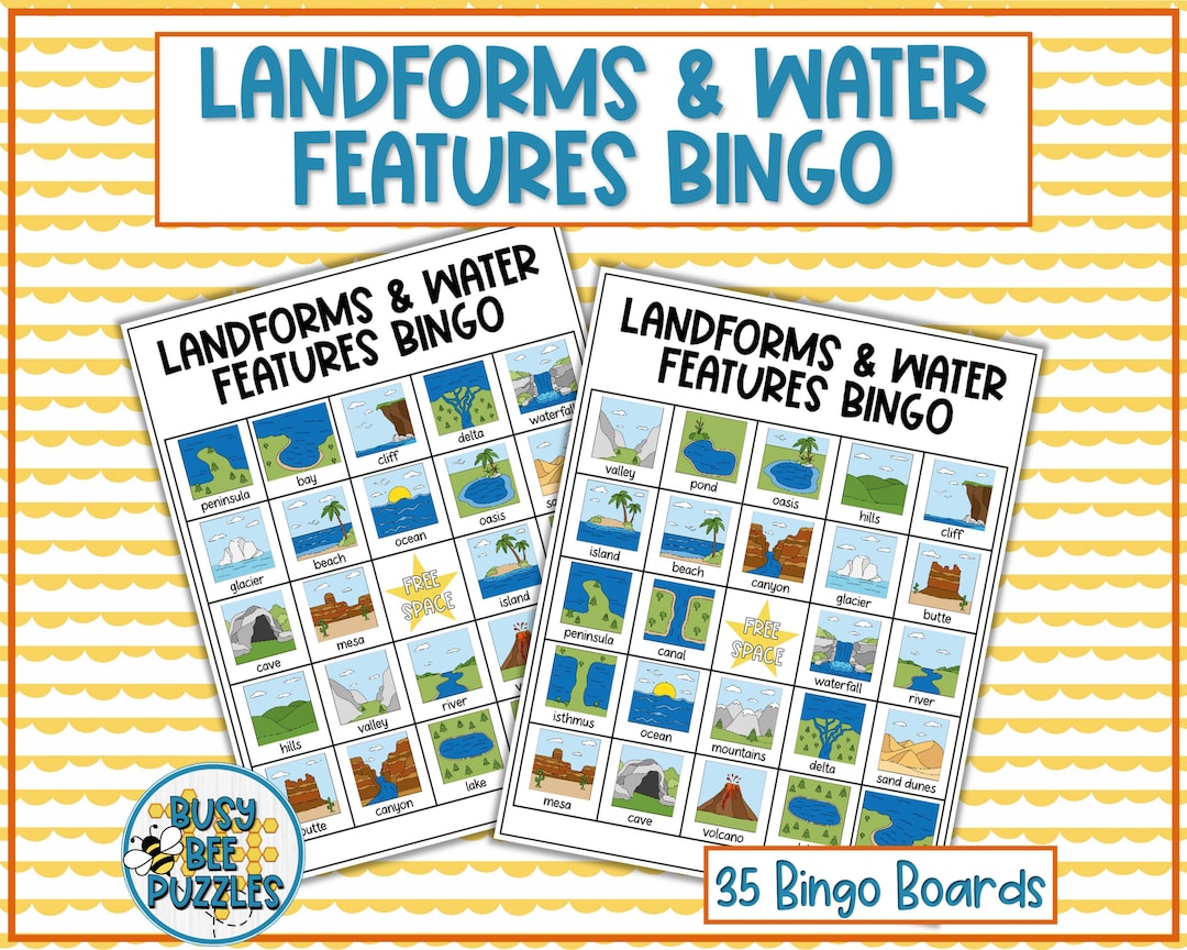 Landforms and Water Features Geography Bingo Game - 35 Unique Cards, 2 ...