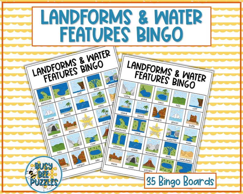 Landforms and Water Features Geography Bingo Game - 35 Unique Cards, 2 ...