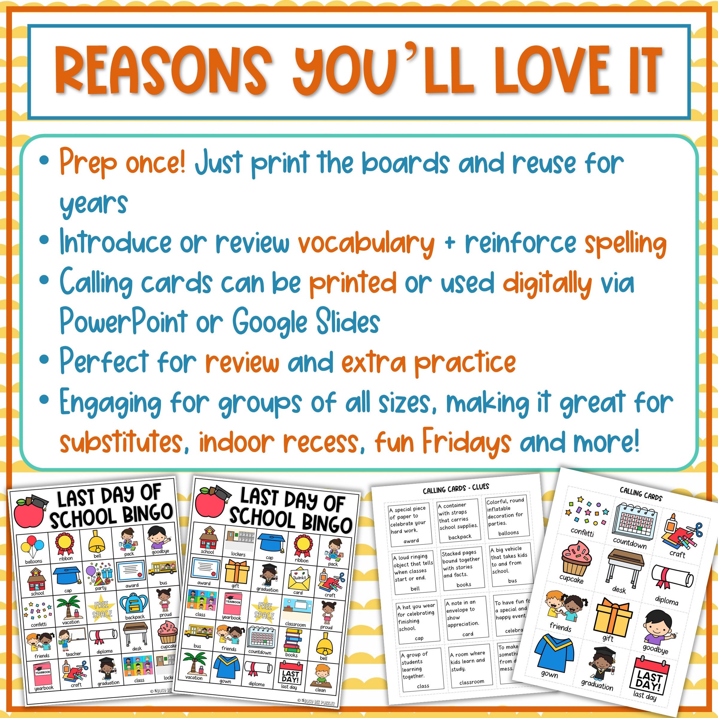 Last Day of School Bingo Game - 35 Unique Cards - Differentiated ...