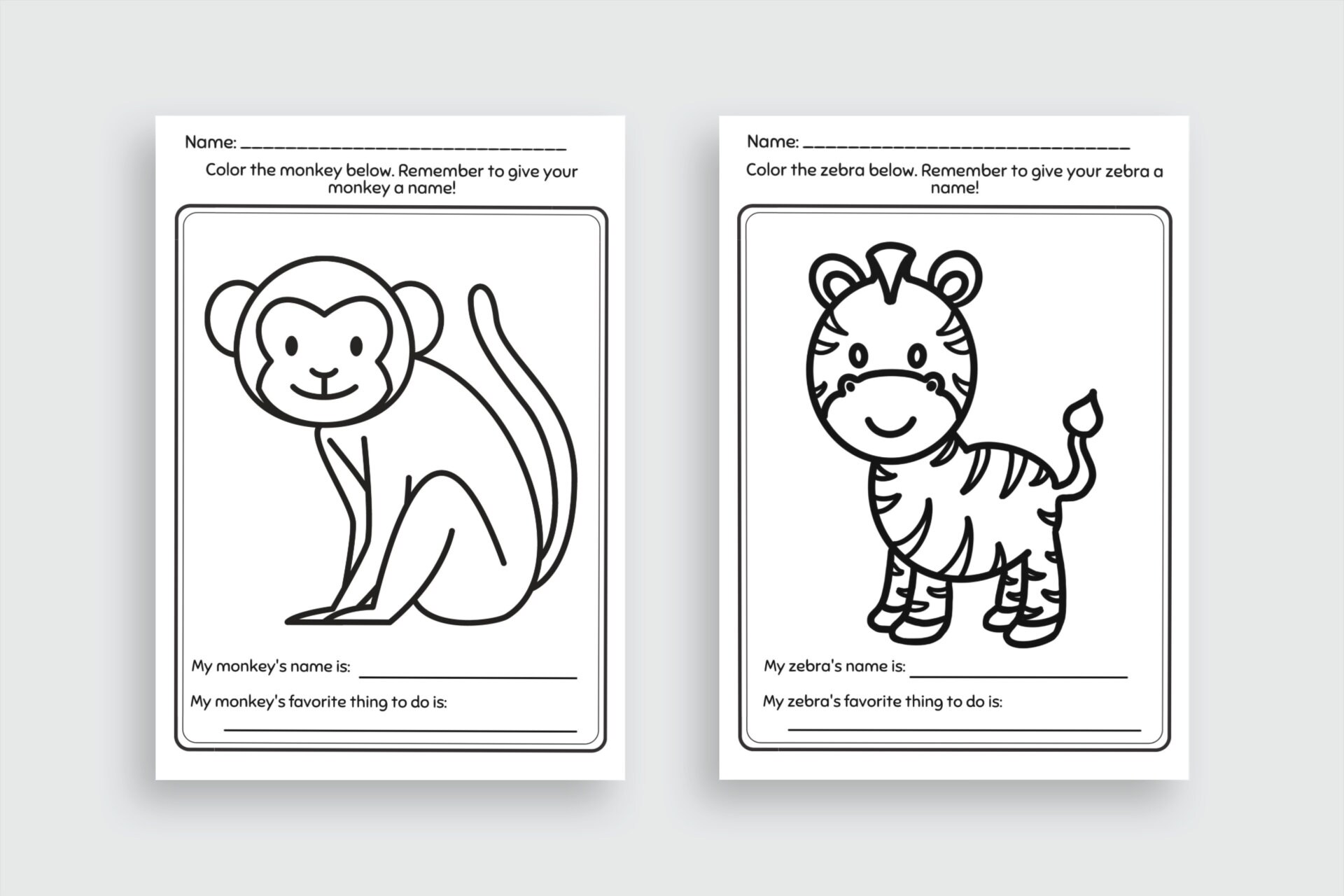 5 Animal Coloring Pages Instant Download Monkey Zebra - Etsy