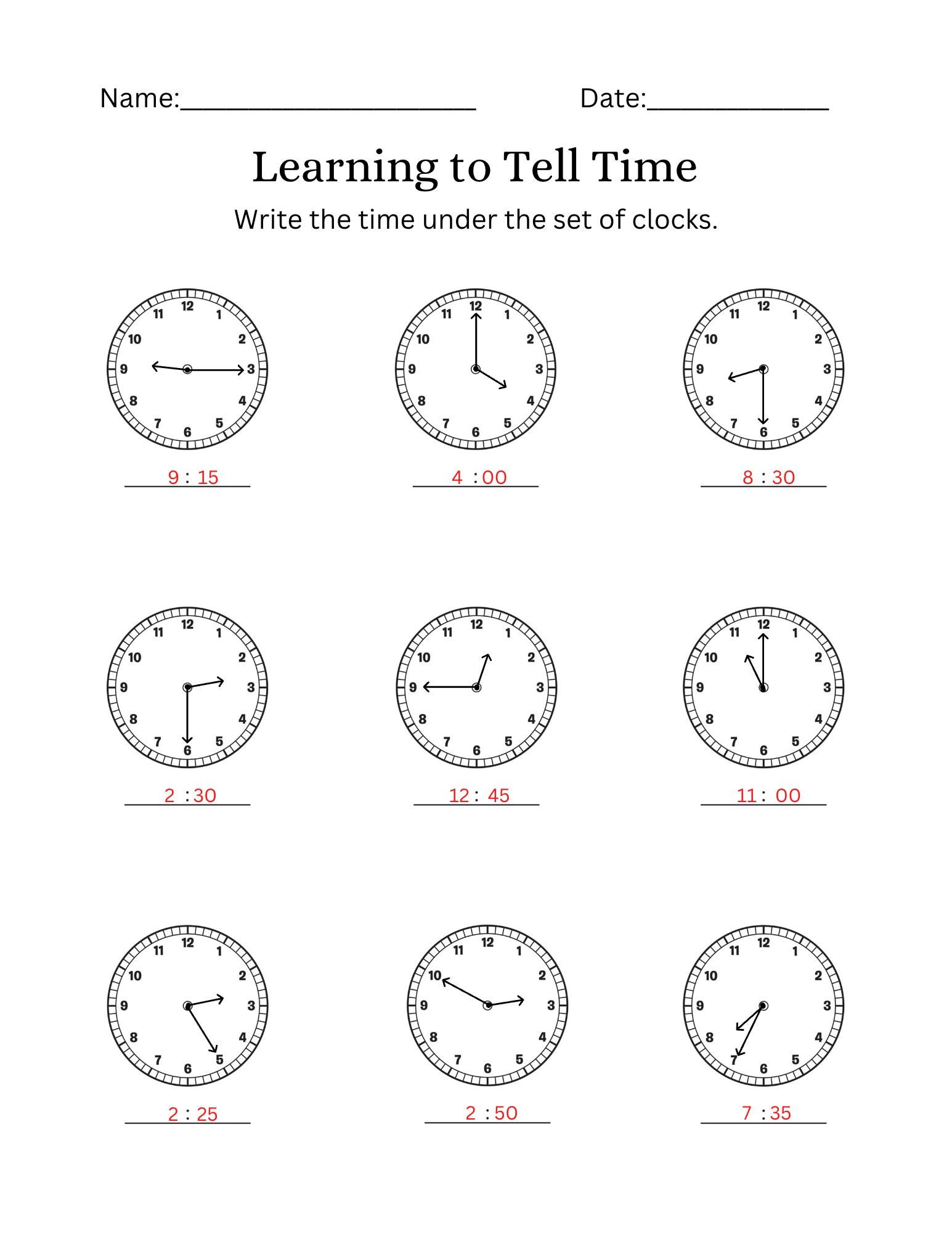 Learning to Tell Time Worksheet, Children's Classroom, Homeschool ...