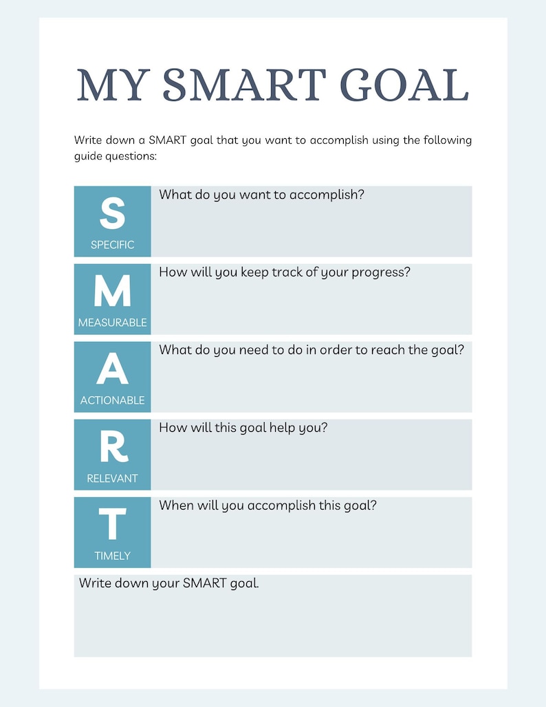 SMART Goals Acronym Planner, Instant Download, Printable Goals Planner ...